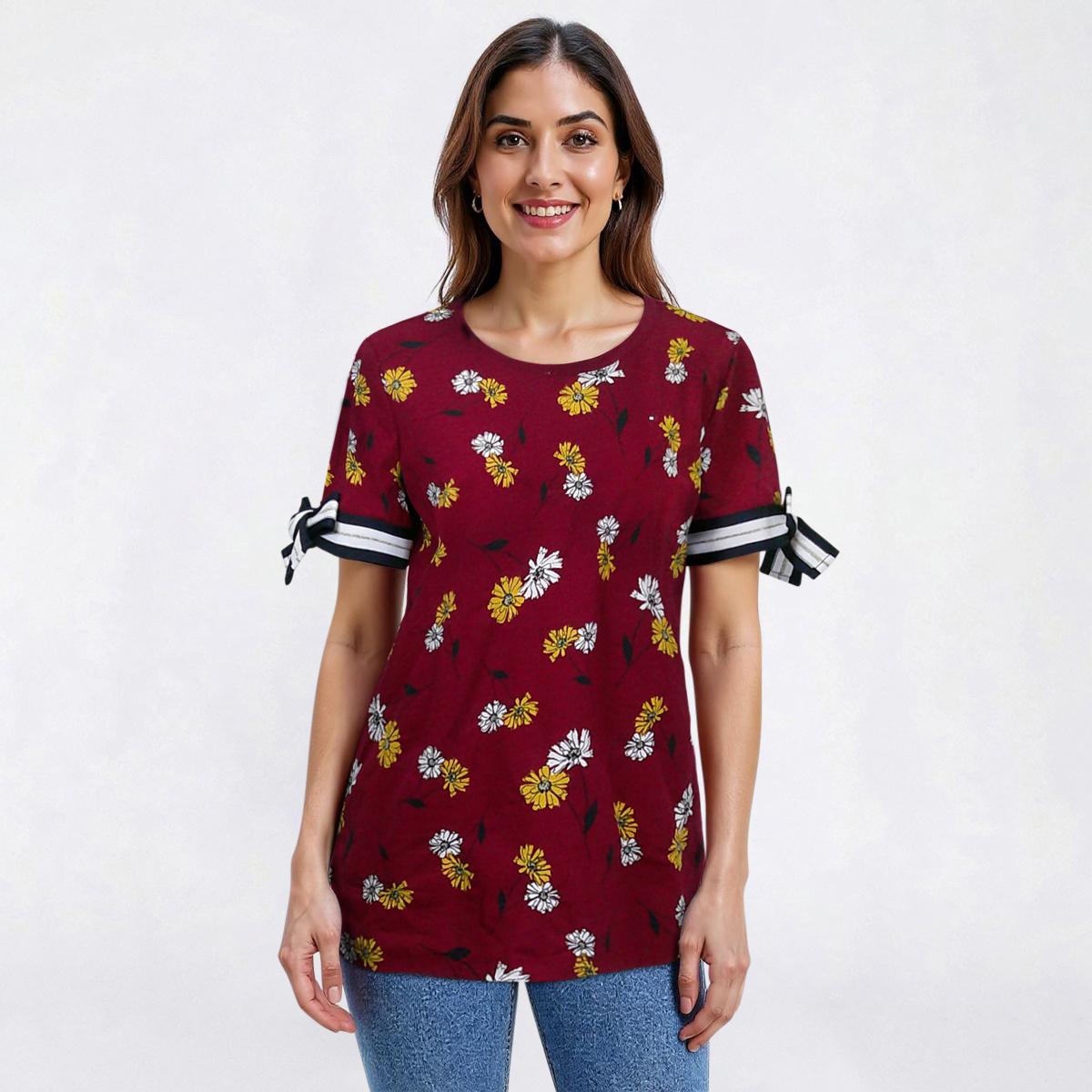 Tommy Hilfiger Womens Daisy-Print Tie-Sleeve Top - Sky Captain Multi